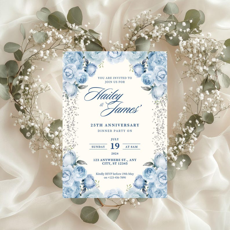 Dusty Blue Floral Anniversary Invitation: Elegant Printable Invite ...