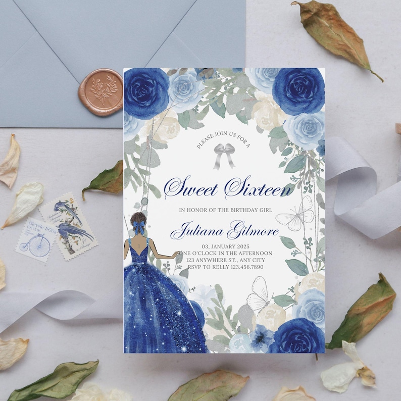 Royal Blue Sweet Sixteen Invitation: Elegant Floral, Butterfly Design ...