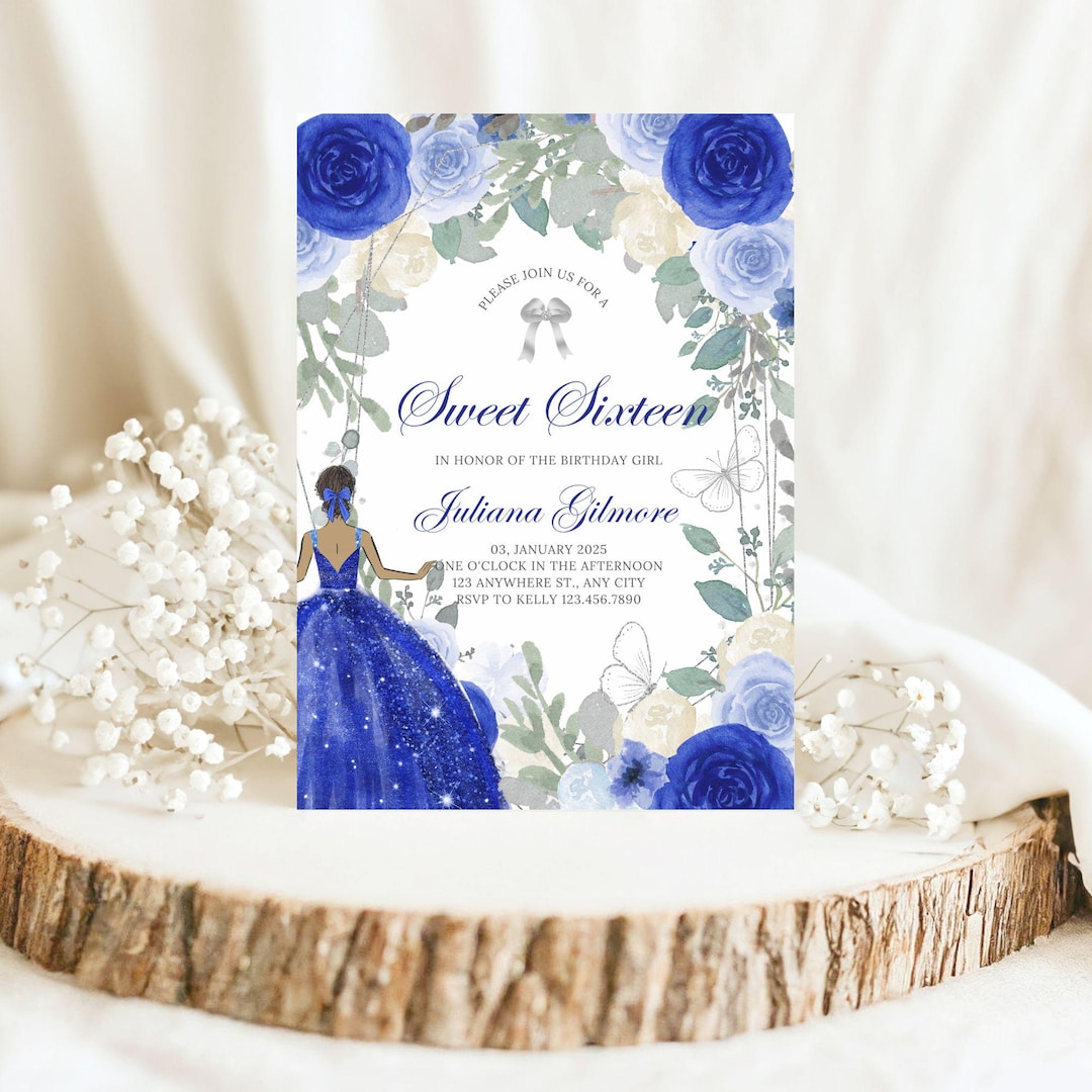 Royal Blue Sweet Sixteen Invitation: Elegant Floral, Butterfly Design ...
