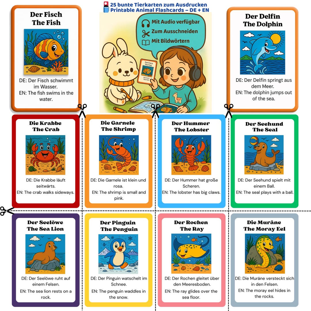 My Sea Animals Flashcards for Kids | Bilingual German English ...