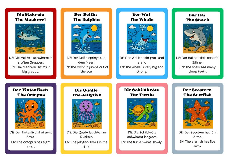 My Sea Animals Flashcards for Kids | Bilingual German English ...