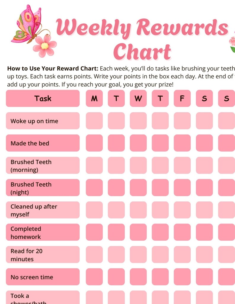 Printable Kids Reward Chart: Butterfly Design, Ages 4+ - Etsy