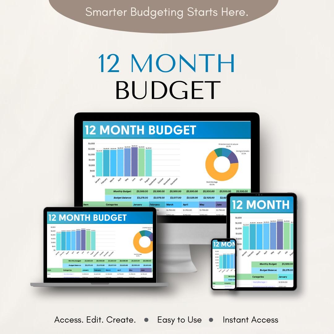 12 Month Budget Planner Template, Digital Spreadsheet, Auto-calculating ...