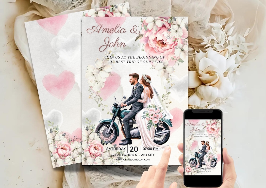 Stylish Motorcycle Wedding Invitation, Editable Digital Motorbike ...