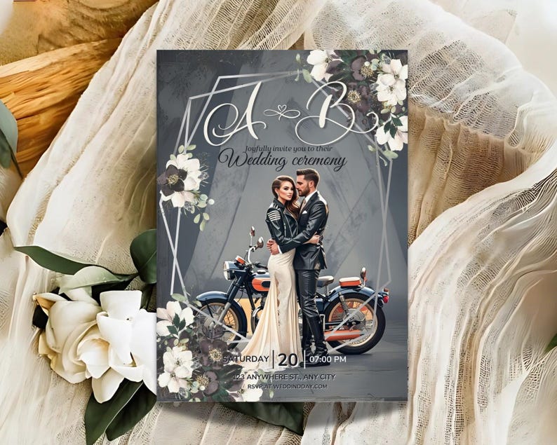 Vintage Motorcycle Wedding Invitation, Editable Motorbike Digital ...
