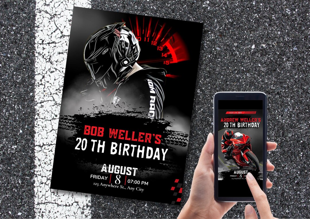 Editable Motorcycle Men Birthday Invitation, Motorbike Party Card, Boy ...