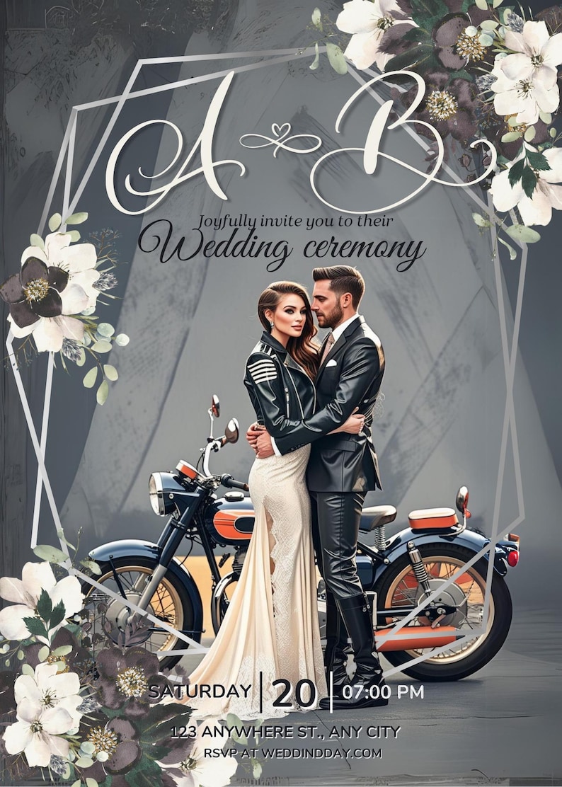 Vintage Motorcycle Wedding Invitation, Editable Motorbike Digital ...