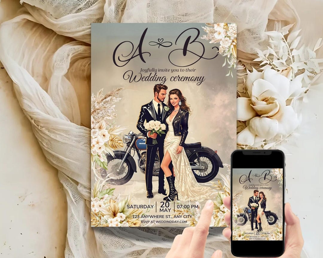 Rustic Motorcycle Wedding Invitation, Editable Motorbike Digital ...