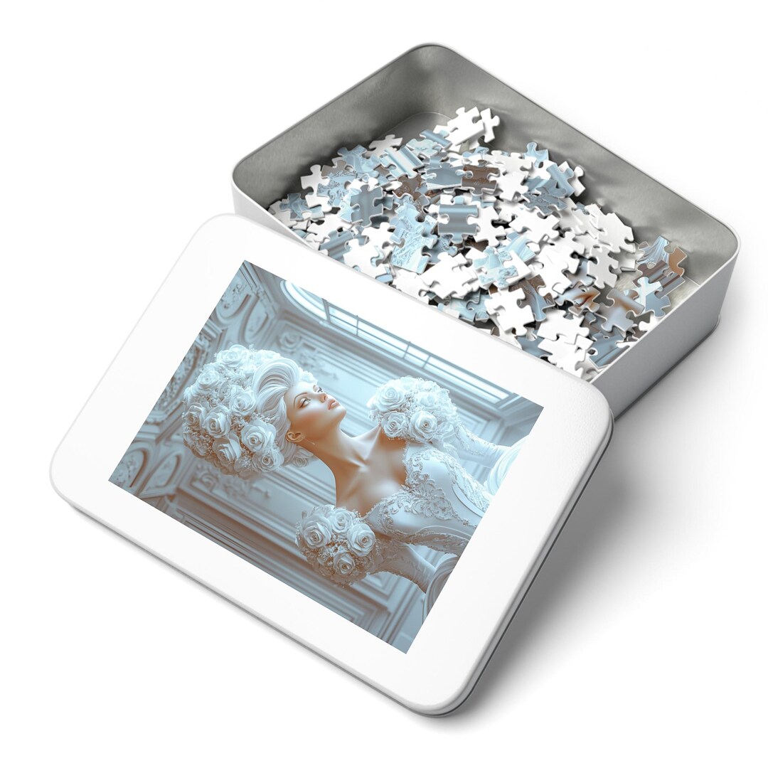 Lady Ivory Jigsaw Puzzle in Tin - Regal Woman in White Rose Gown - Chic ...