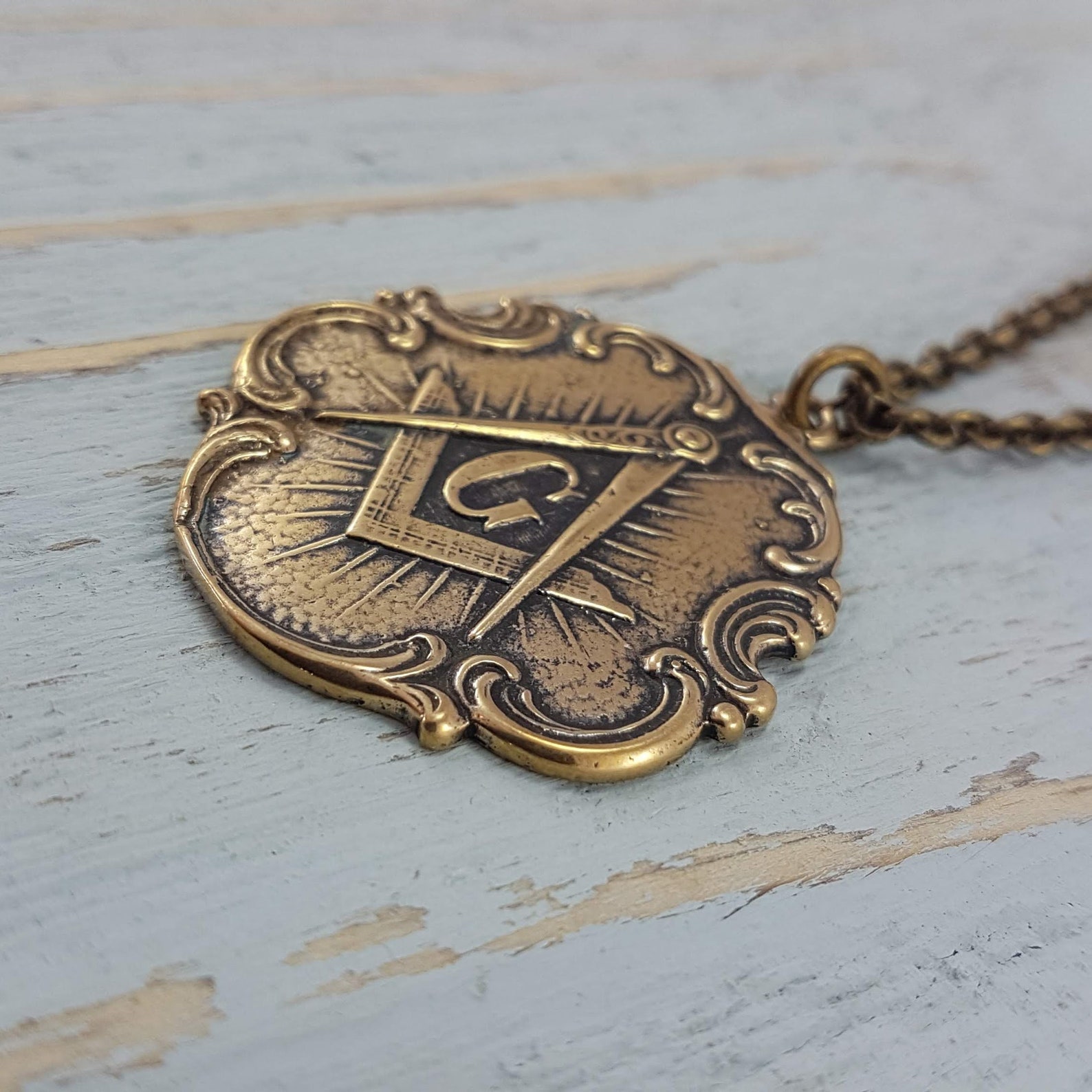Masonic Necklace - Bronze Freemason Pendant - Engraved Square & Compass ...