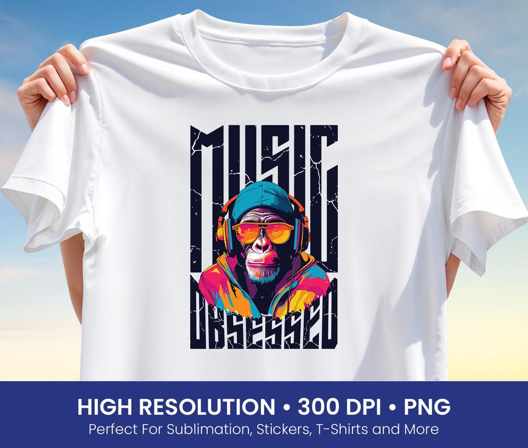 Music Obsessed Monkey T-shirt Design PNG, Colorful Headphones Primate ...