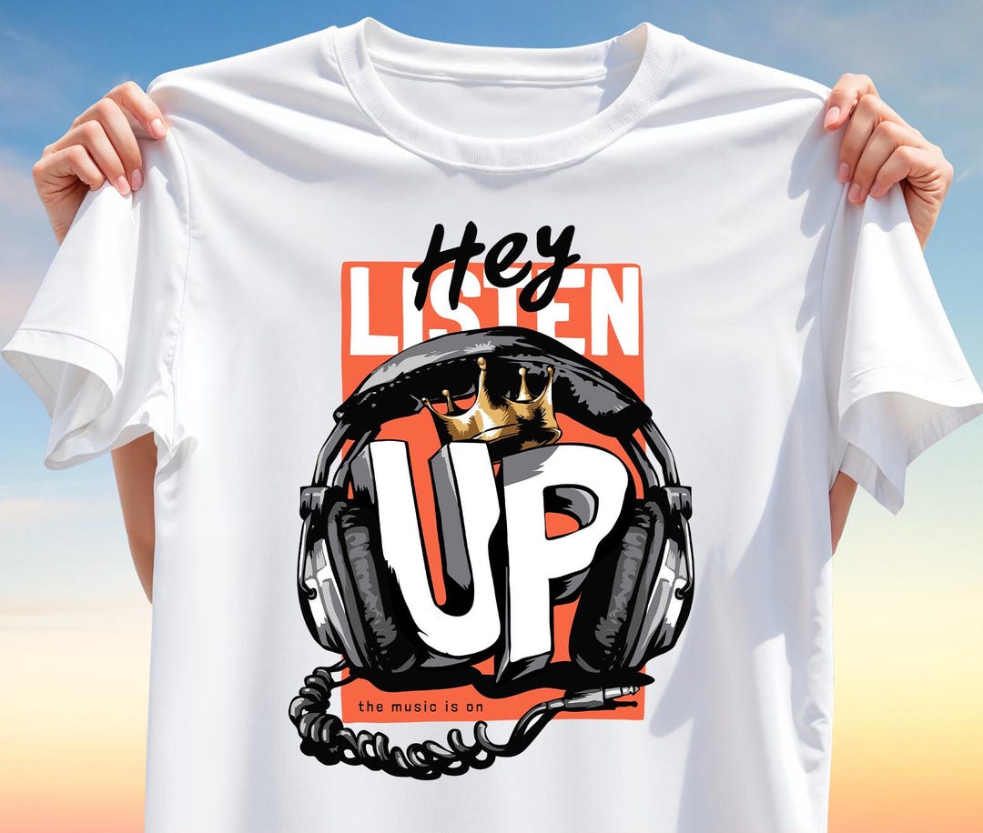 Hey Listen up PNG – Music Headphone Design With Crown & Bold Text ...