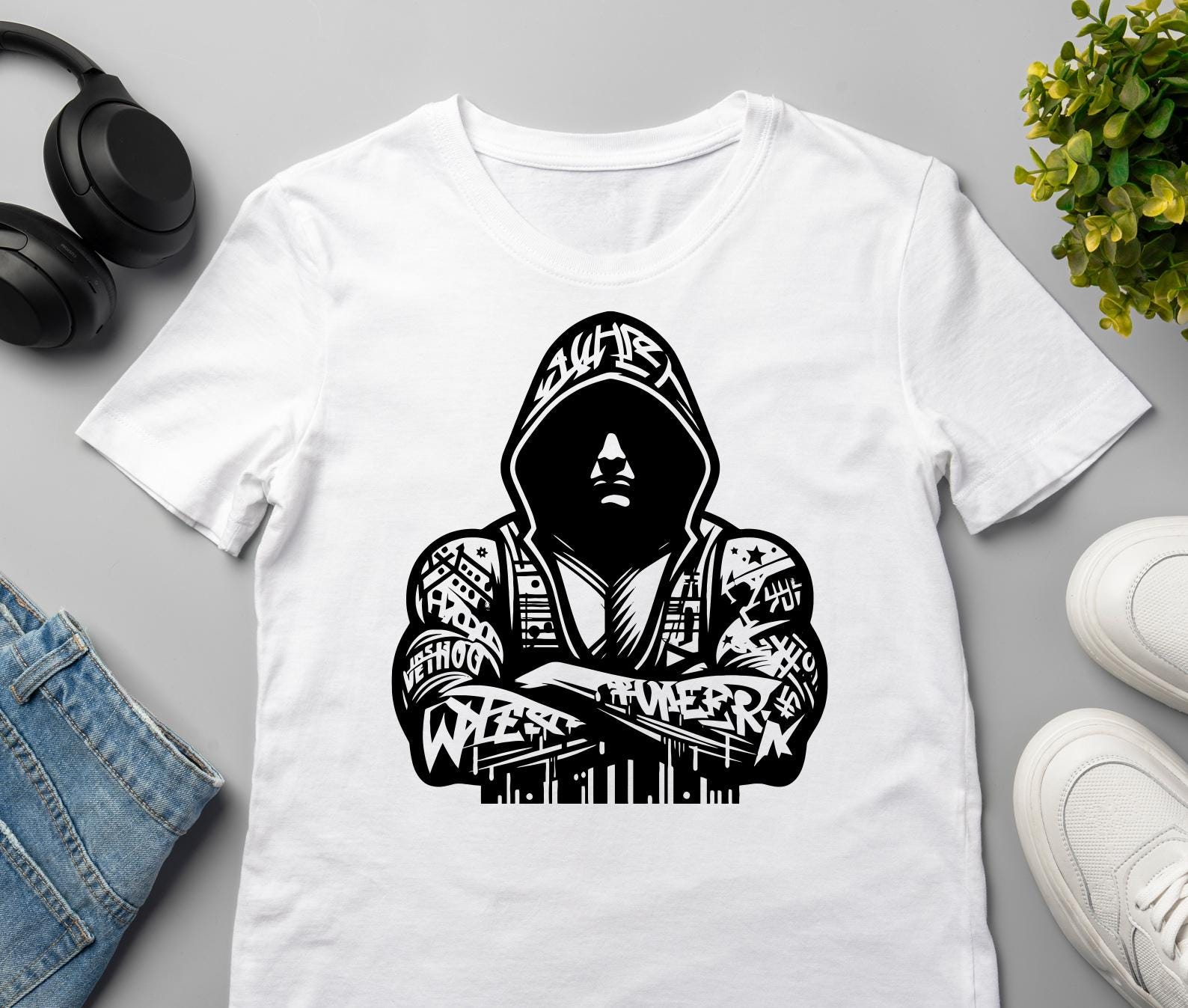 Streetwear SVG Design – Graffiti Hooded Muscle Man Clipart for T-shirts ...