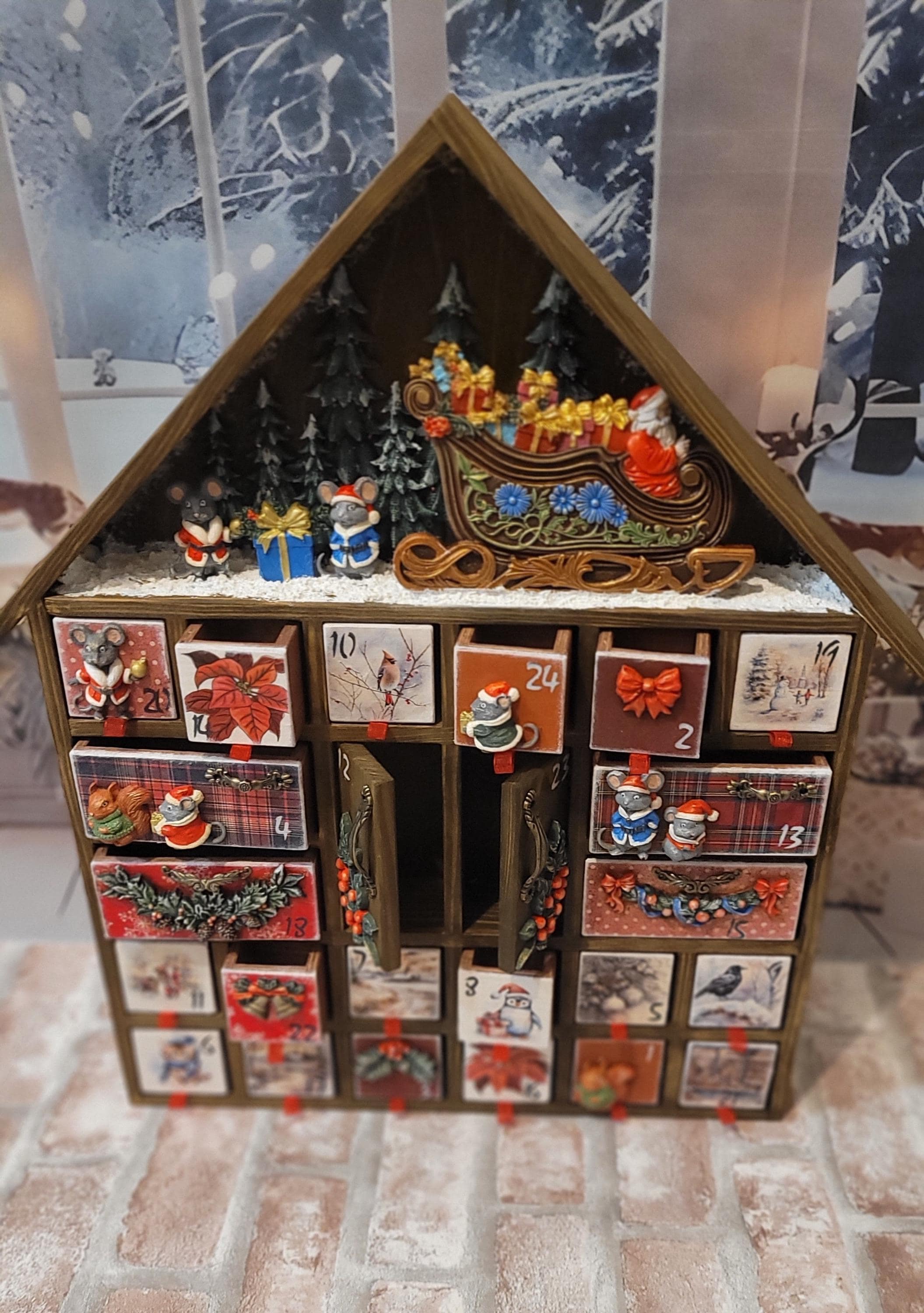 Handmade Wooden Advent Calendar House With Santa Sleigh, Christmas ...