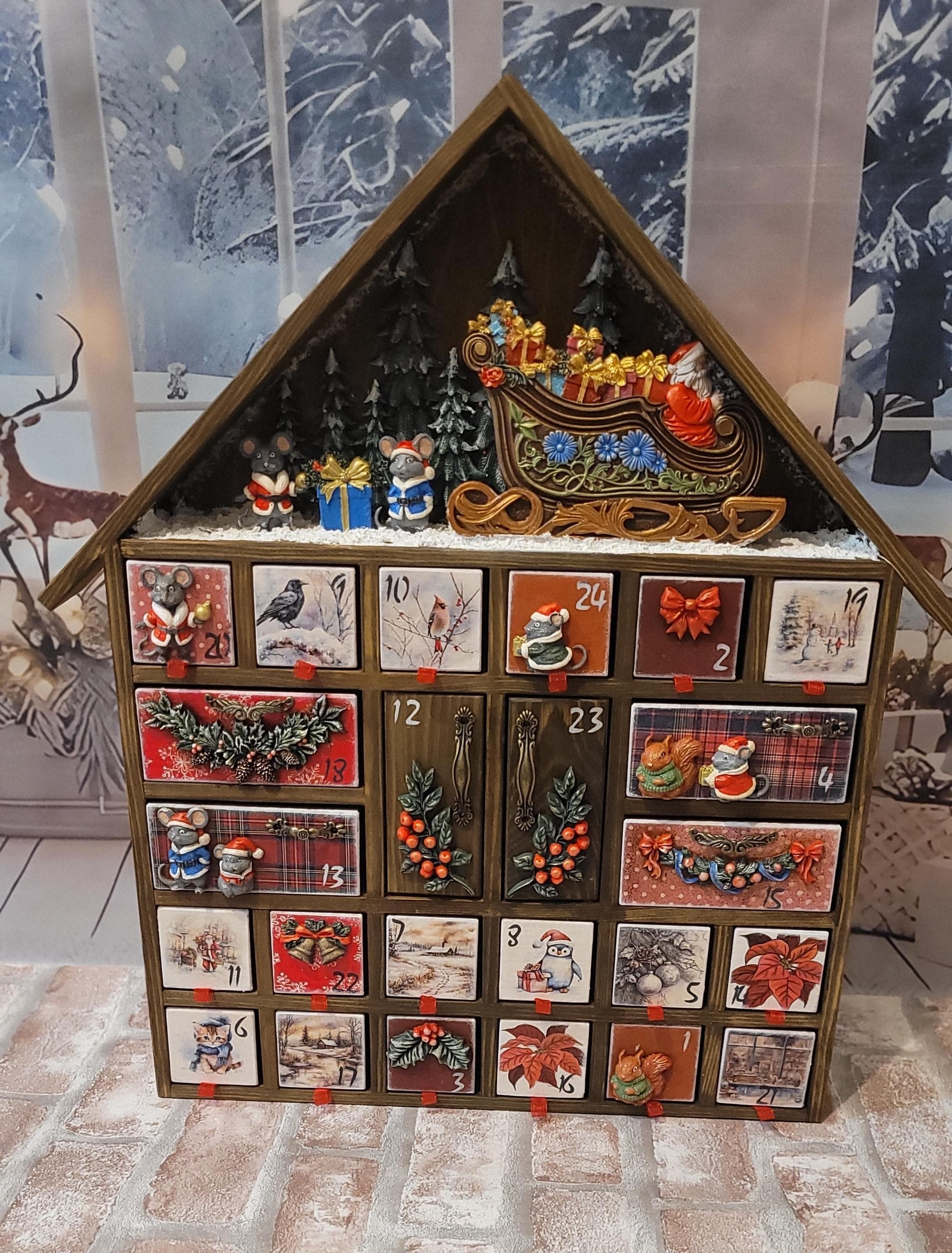 Handmade Wooden Advent Calendar House With Santa Sleigh, Christmas ...
