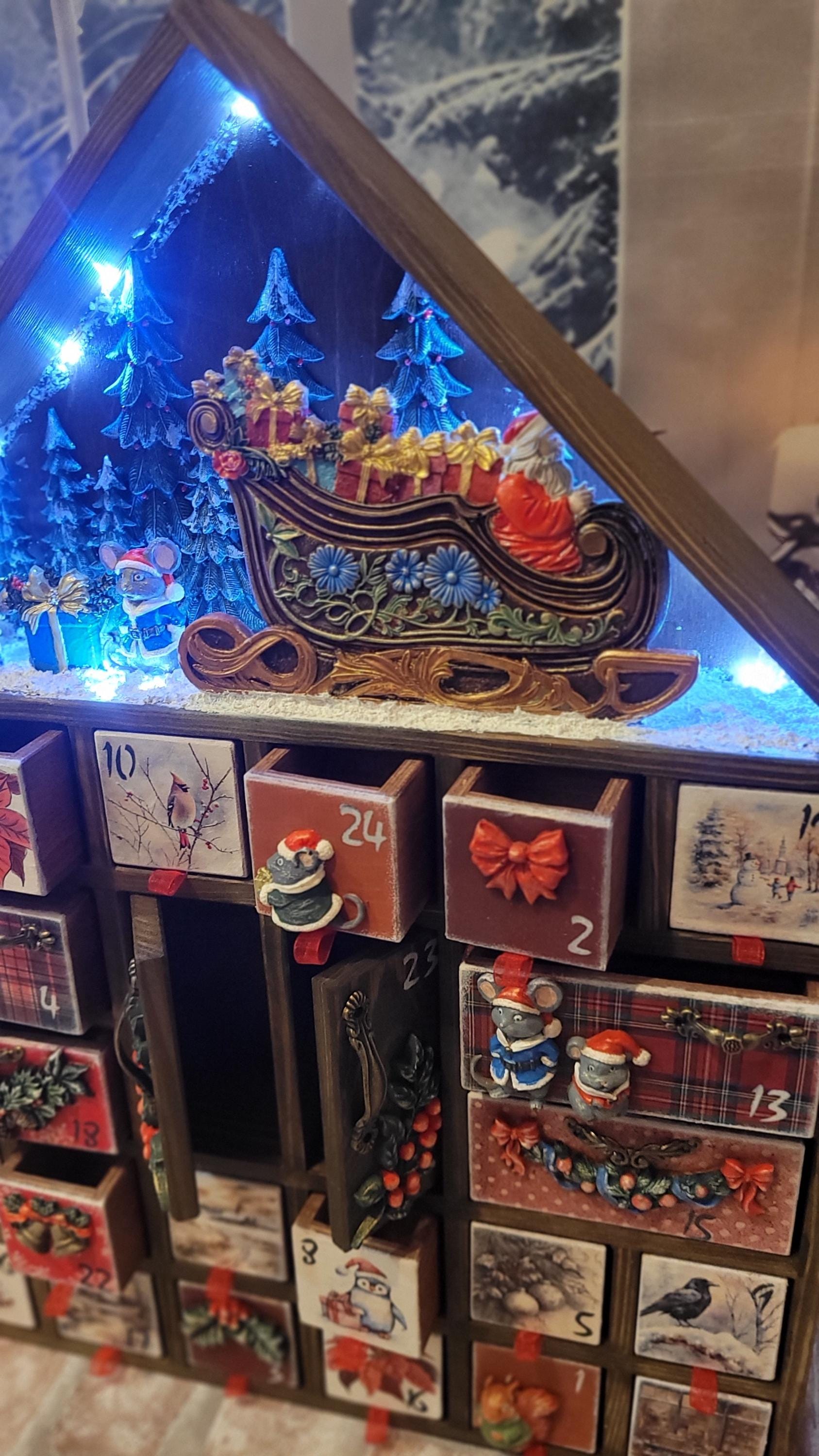 Handmade Wooden Advent Calendar House With Santa Sleigh, Christmas ...