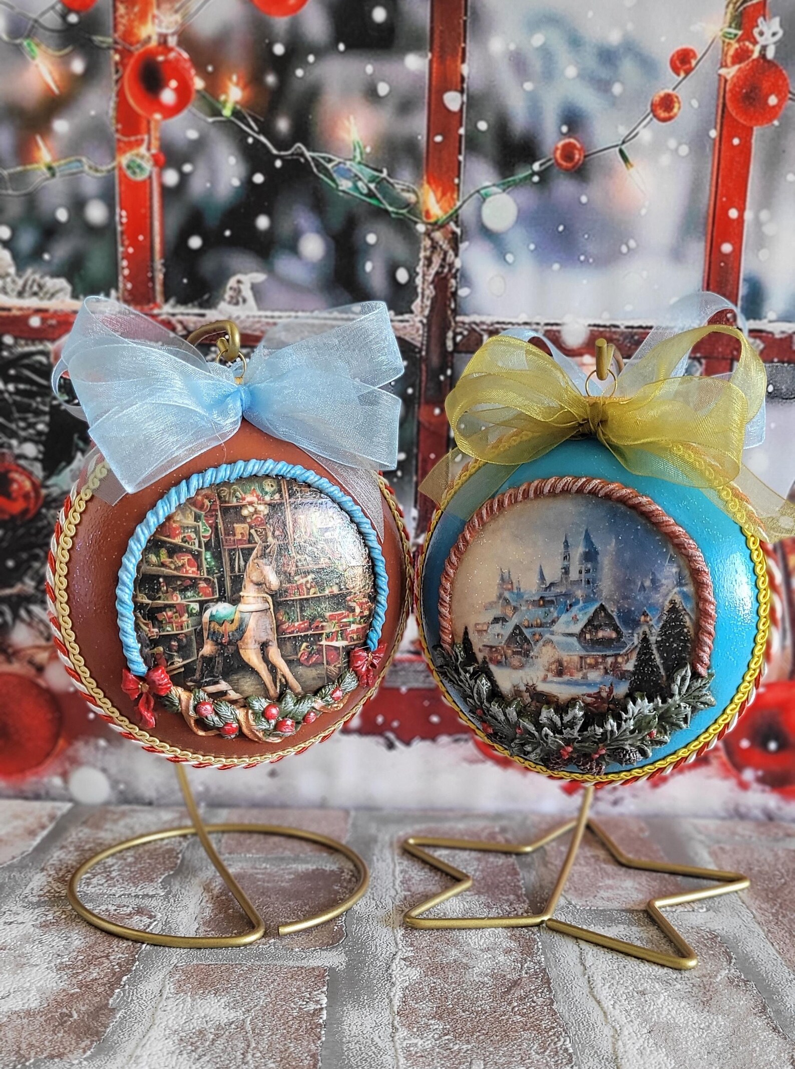 Set of 4 Handmade Christmas Baubles – Vintage Winter Scenes, 12 Cm ...