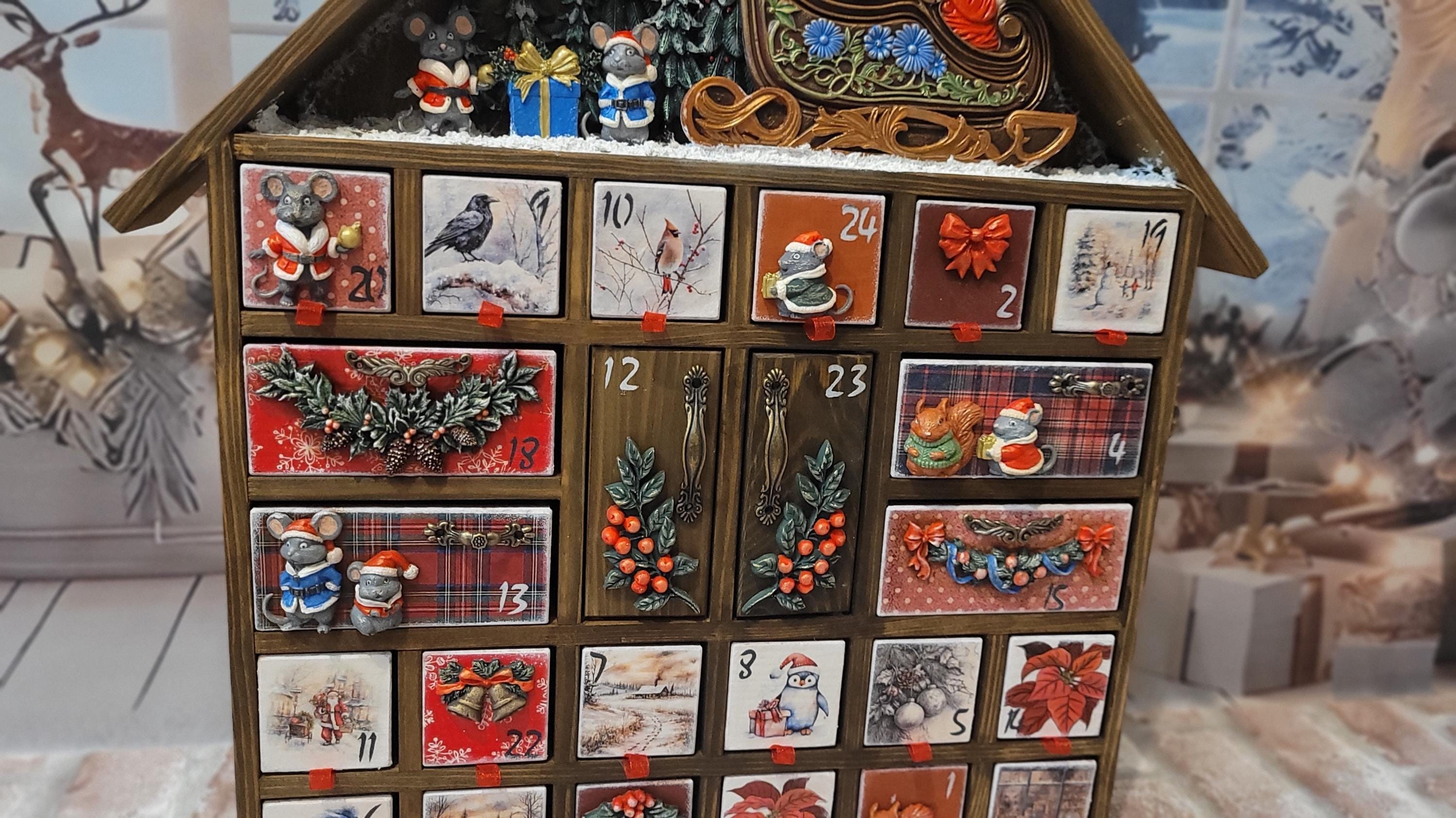 Handmade Wooden Advent Calendar House With Santa Sleigh, Christmas ...