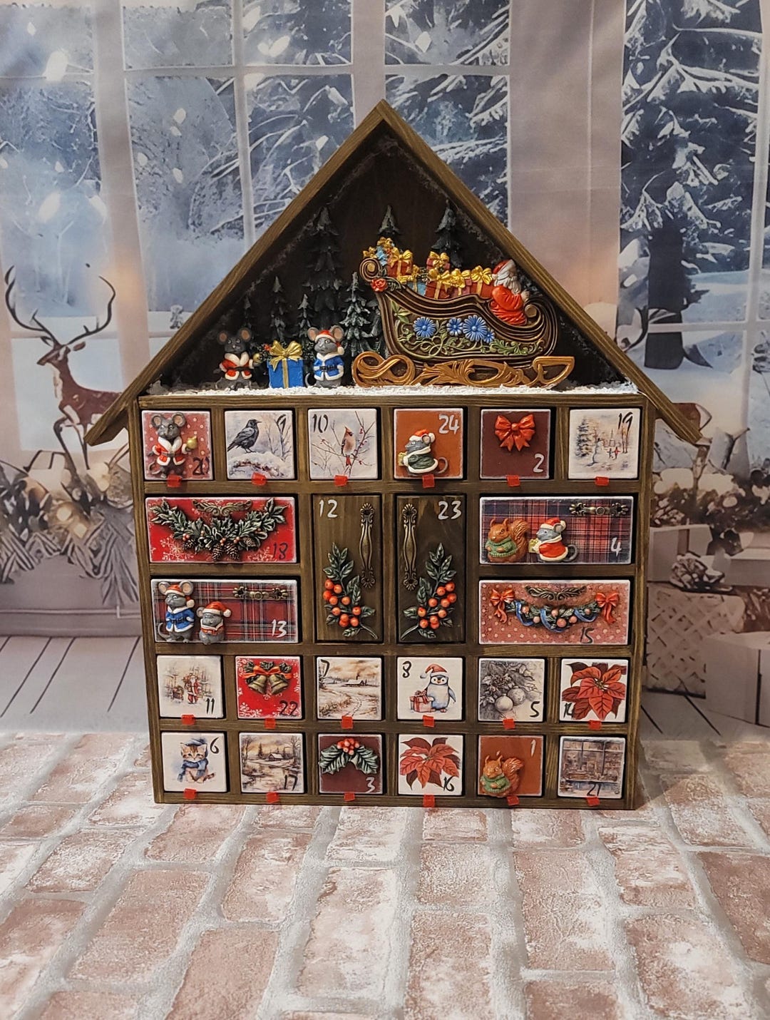 Handmade Wooden Advent Calendar House With Santa Sleigh, Christmas ...