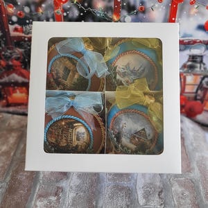 Set of 4 Handmade Christmas Baubles – Vintage Winter Scenes, 12 Cm ...