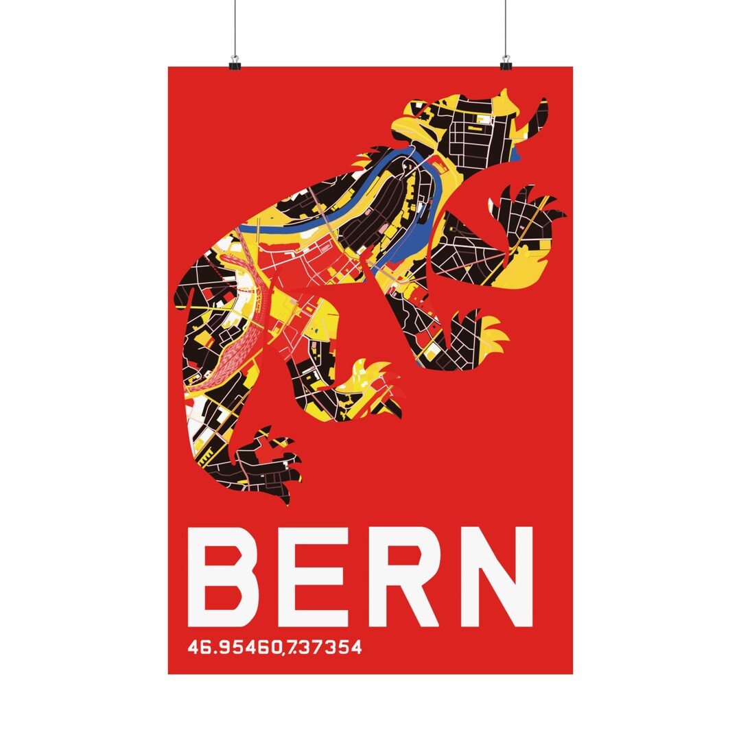Poster Print Bern Map Bern Bear Red Background Matte Vertical Posters ...