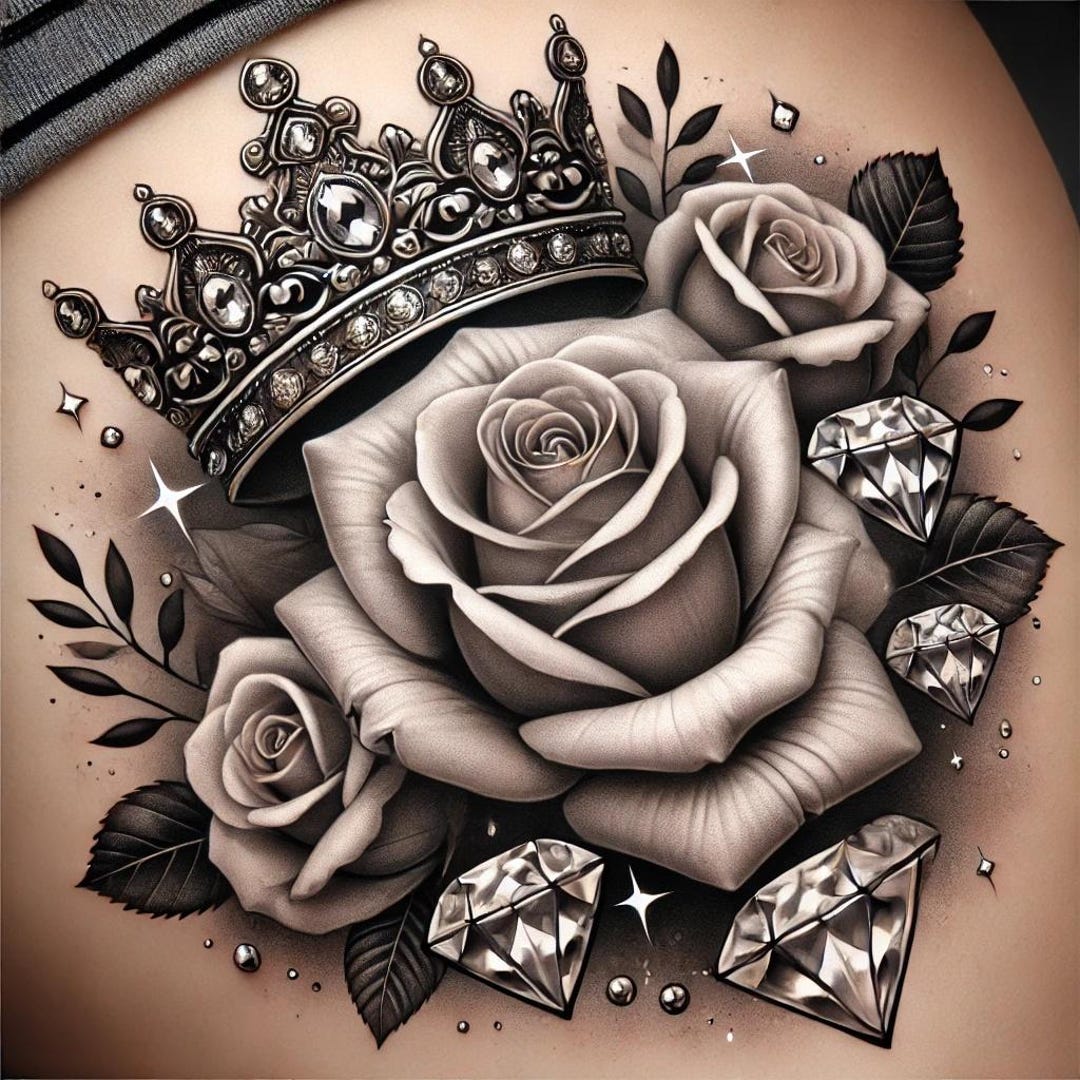 Rose Crown,and Diamonds Tattoo Design for Women Digital Download, Full ...