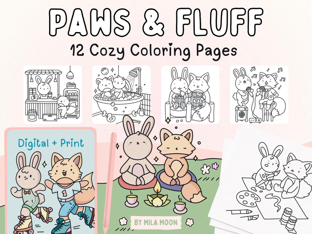 Paws & Fluff: 12 Cute Cozy Handdrawn Coloring Pages With Bunny and Fox ...