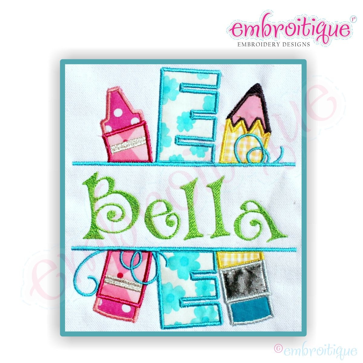 Back to School Split Name Frame Applique With Ruler, Crayon, Pencil ...