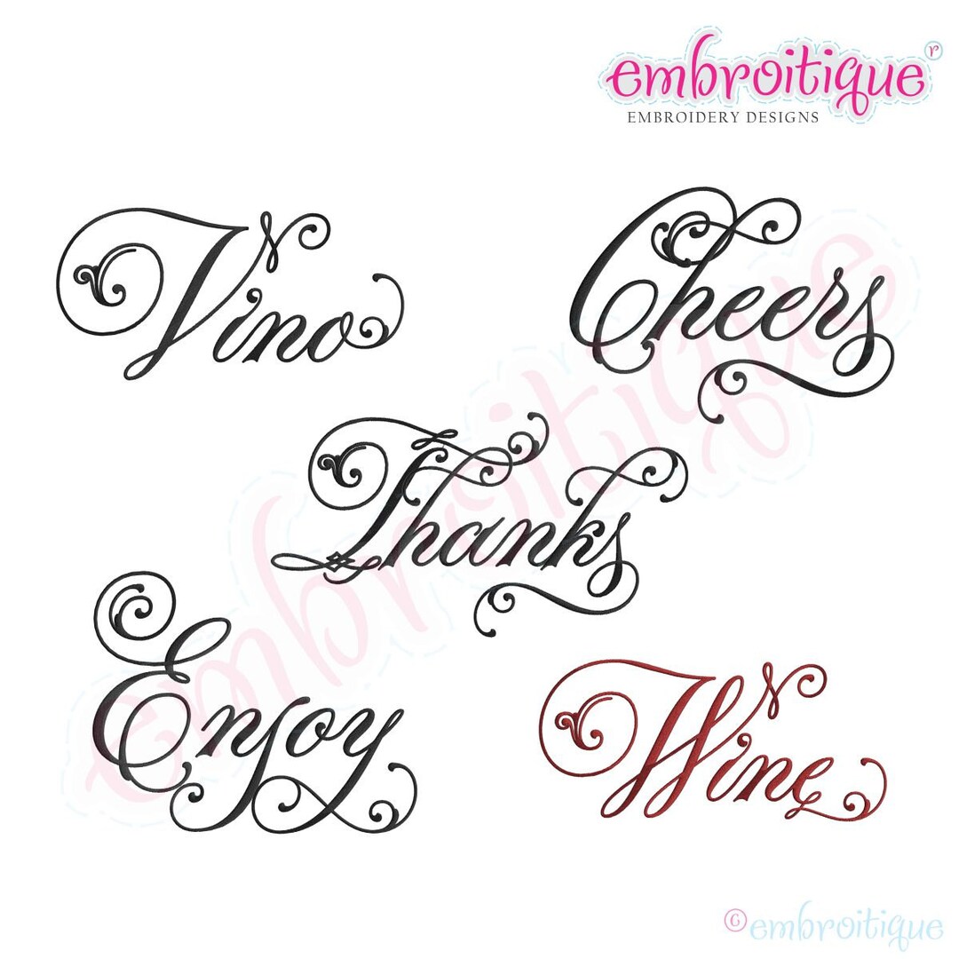 Cheers, Enjoy, Thanks, Vino & Wine Script 1 Embroidery Designs Set ...