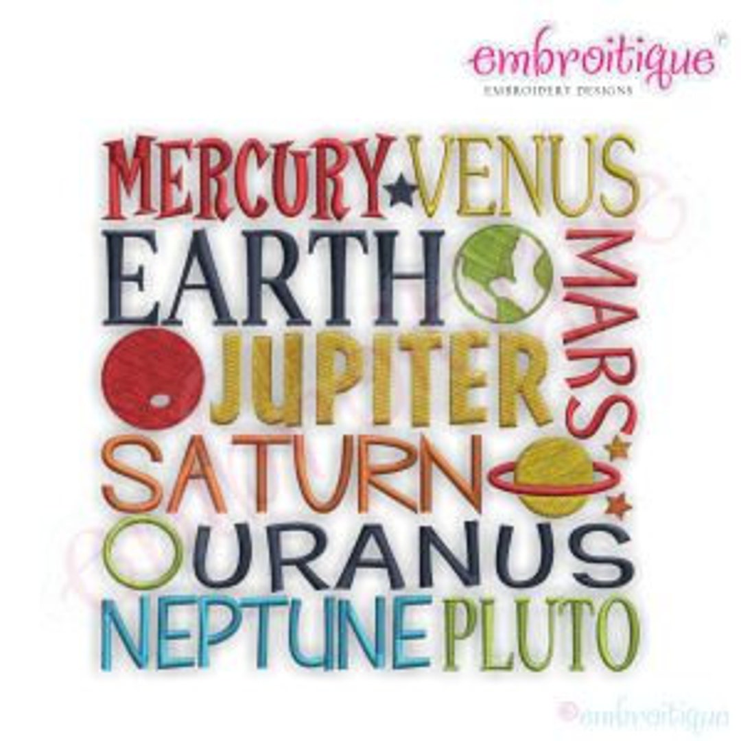 Planet Word Block Embroidery Design - Sun Moon Stars Planet Outer Space ...