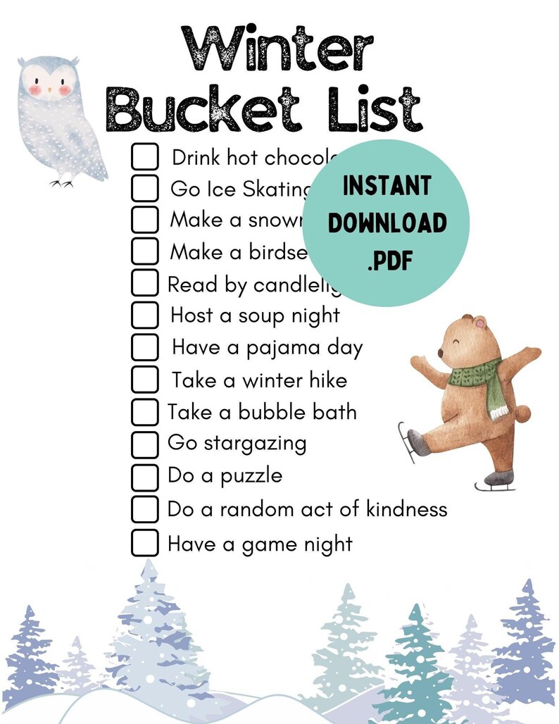 Winter Bucket List, Winter Checklist, Winter Activities, Instant ...