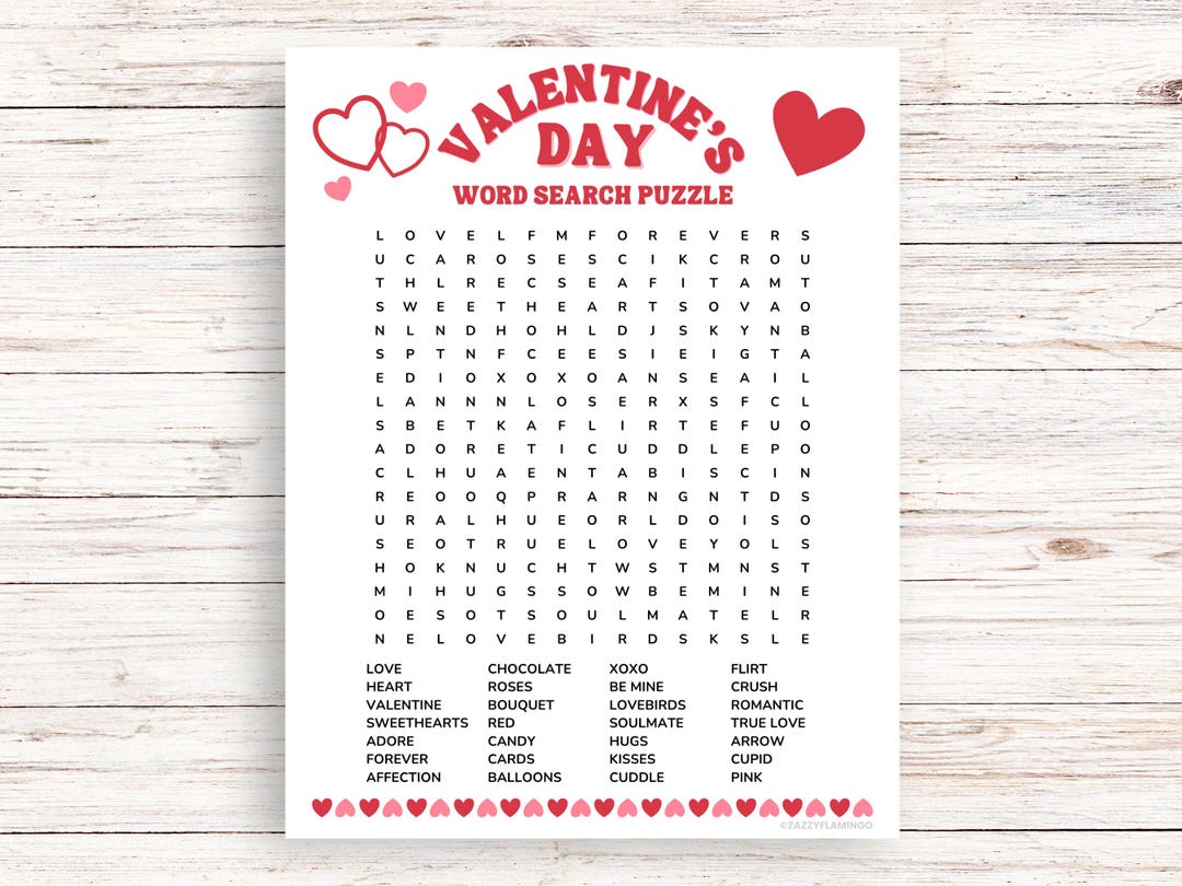 Valentine's Day Word Search Puzzle, Printable Valentine's Day Party ...