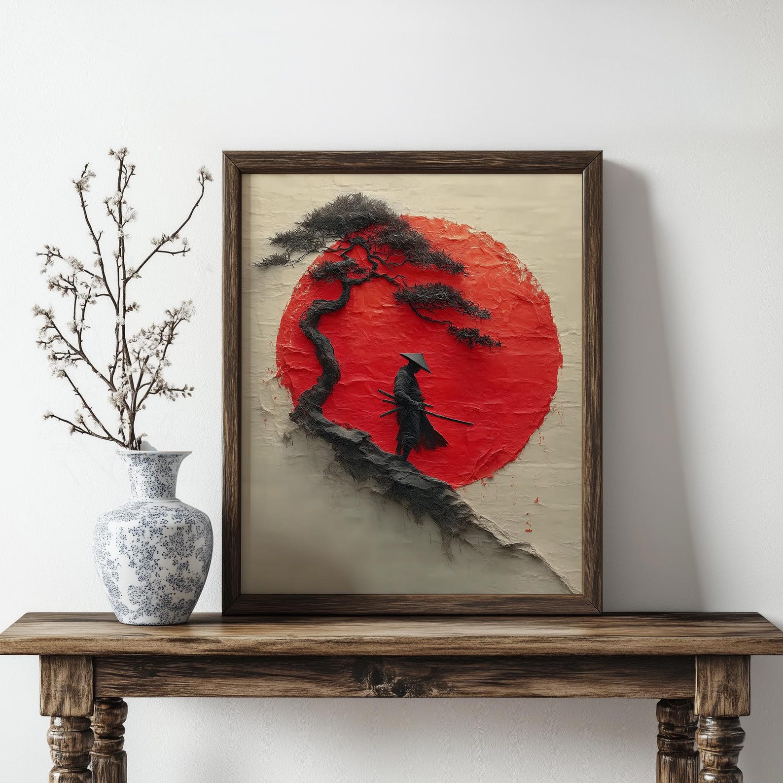 3D Samurai and Bonsai Tree Art Print Japanese Red Sun Poster, Instant ...