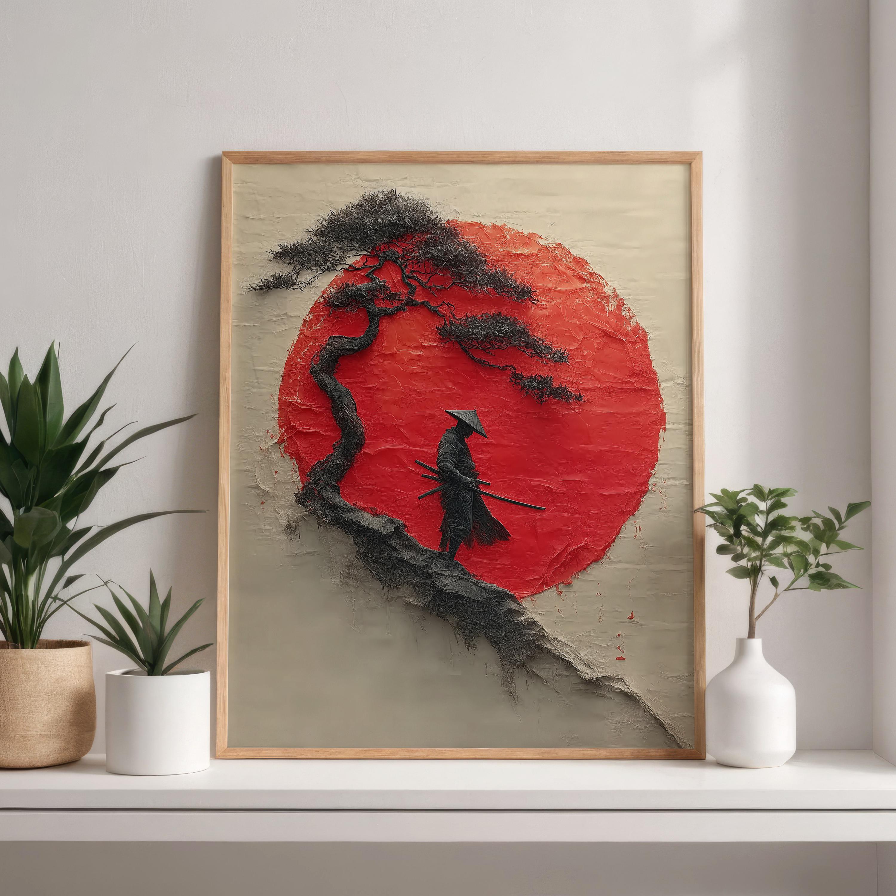 3D Samurai and Bonsai Tree Art Print Japanese Red Sun Poster, Instant ...