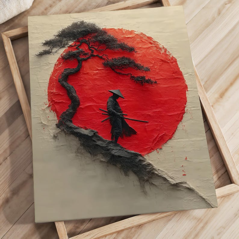 3D Samurai and Bonsai Tree Art Print Japanese Red Sun Poster, Instant ...