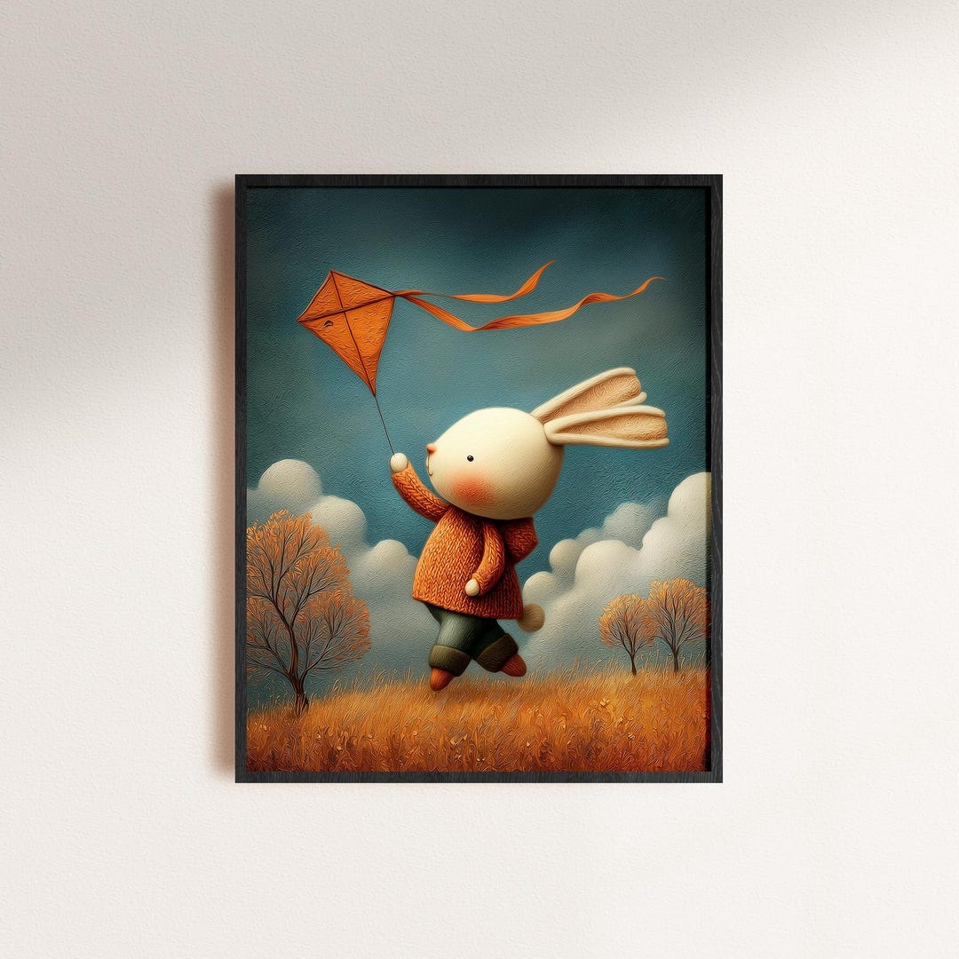 Printable Bunny Wall Art, Cute Rabbit Flying Kite Illustration, Digital ...
