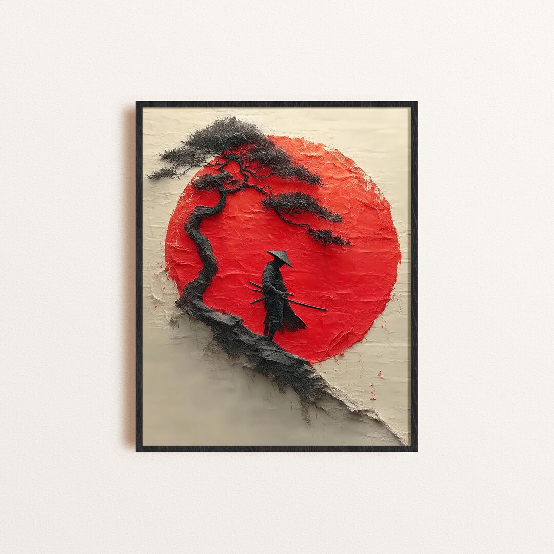 3D Samurai and Bonsai Tree Art Print Japanese Red Sun Poster, Instant ...