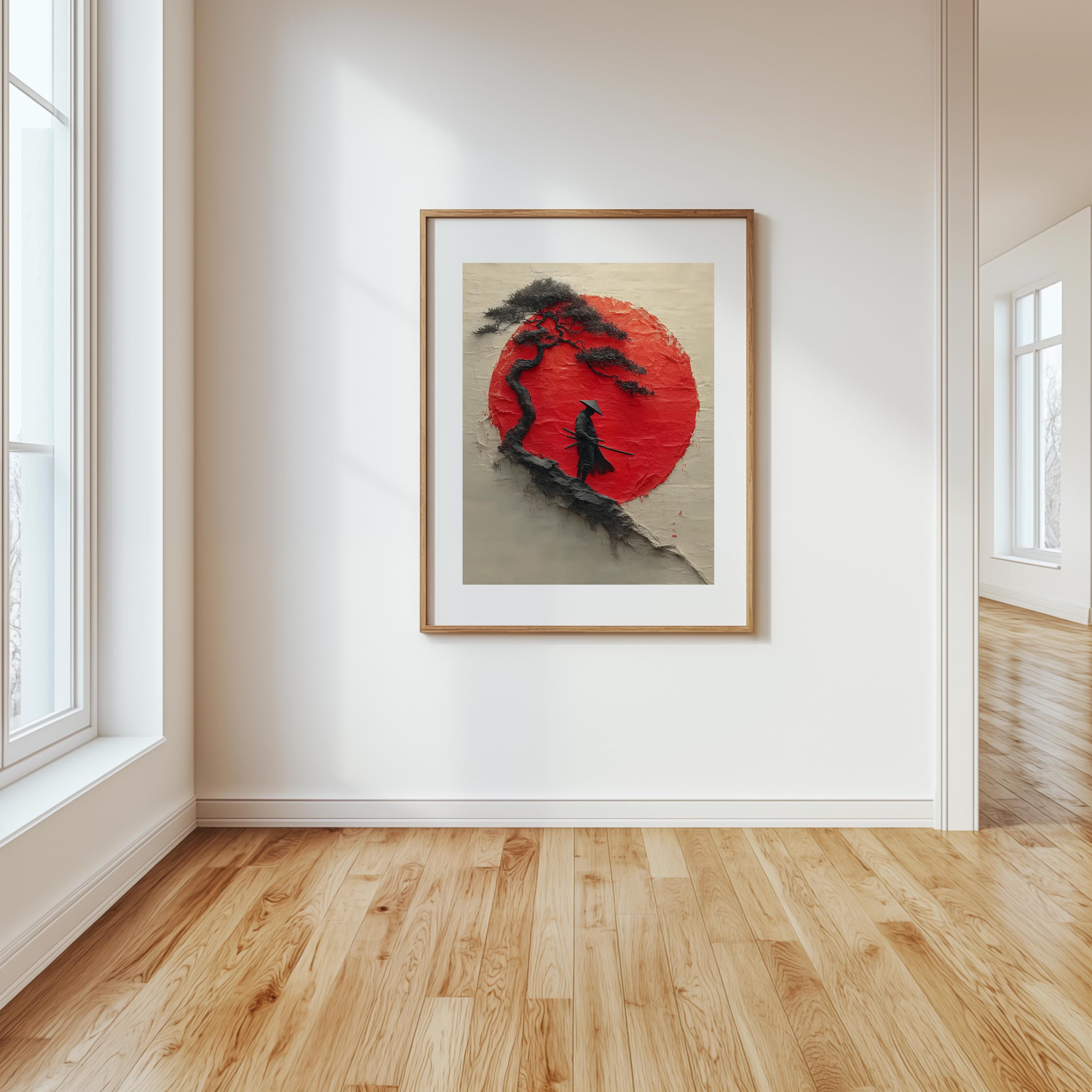 3D Samurai and Bonsai Tree Art Print Japanese Red Sun Poster, Instant ...