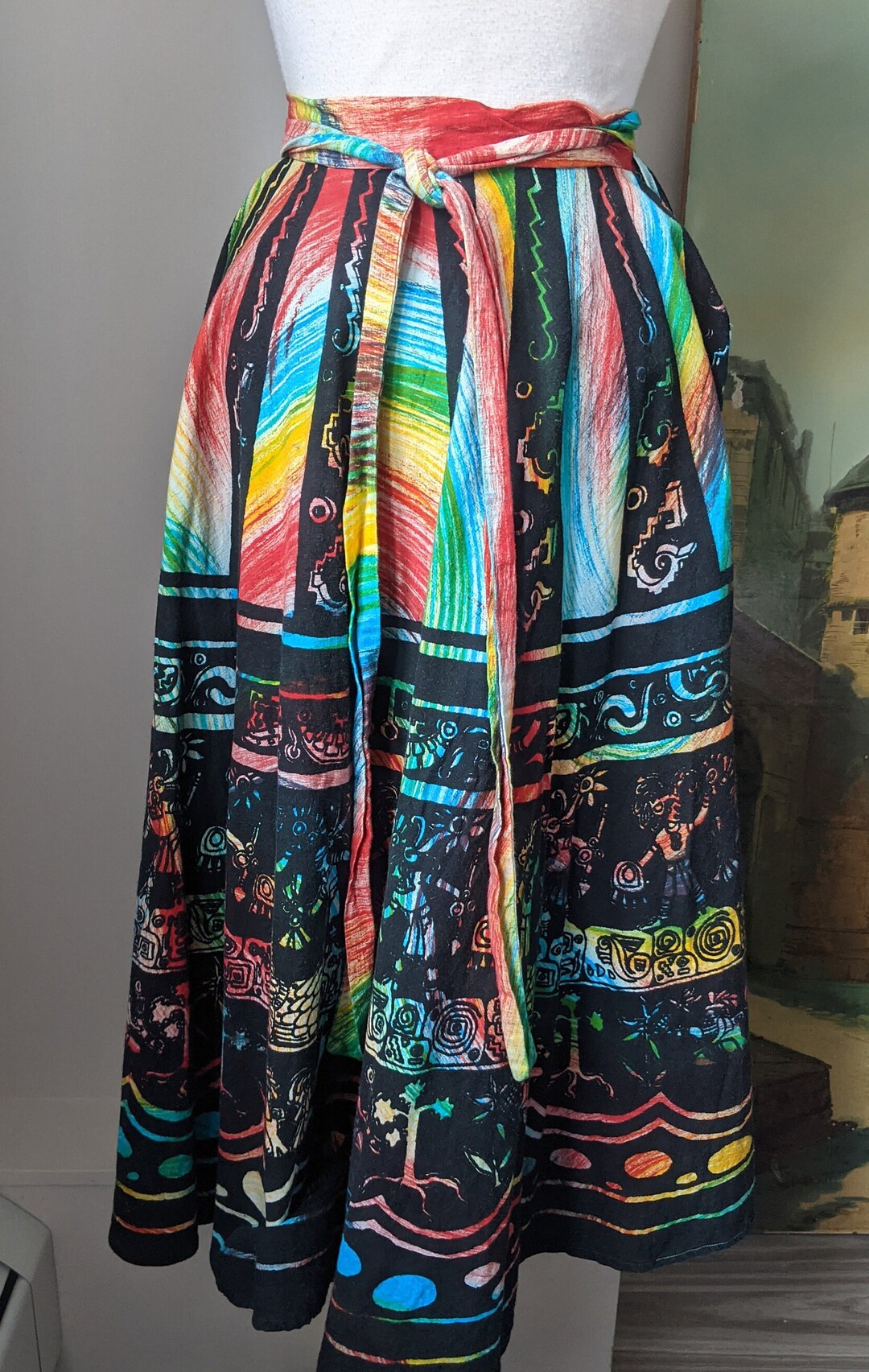 Vintage 1950s Block Print Hand-painted Mexican Wrap Skirt - Etsy