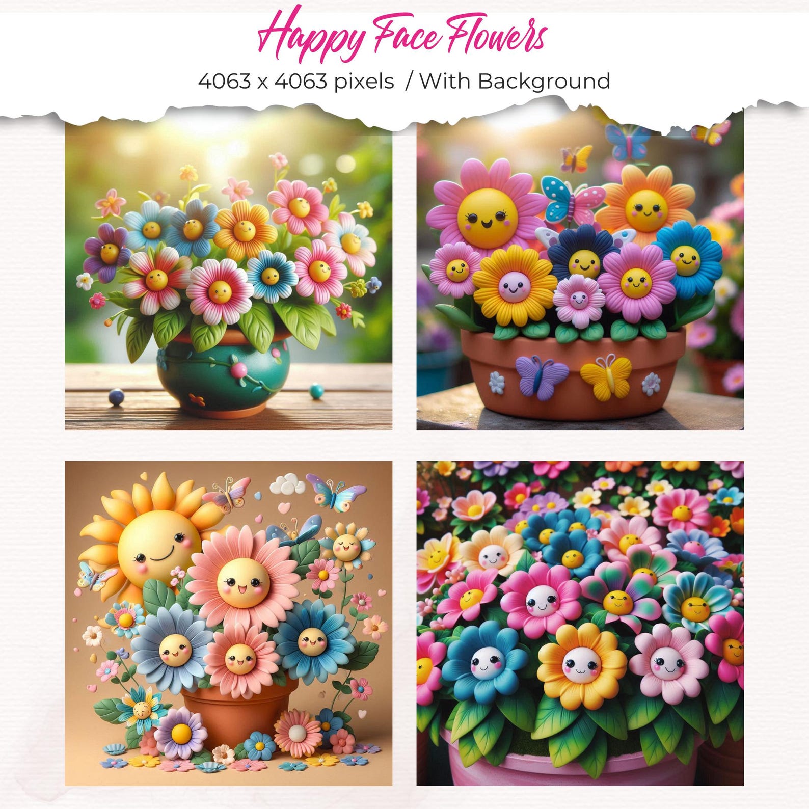 Happy Face Flower Clipart PNG JPG | Kawaii Cute Floral Graphics ...