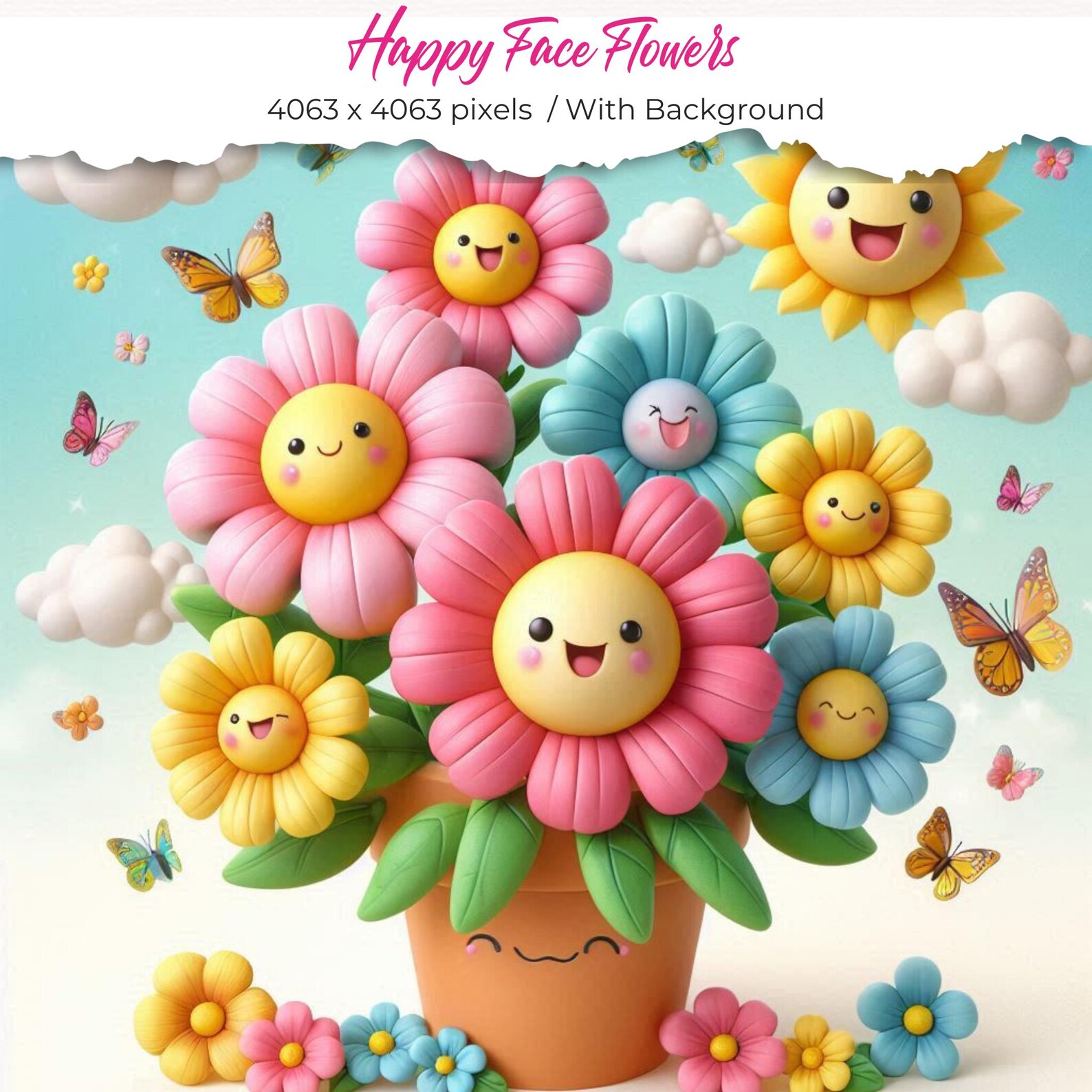 Happy Face Flower Clipart PNG JPG | Kawaii Cute Floral Graphics ...