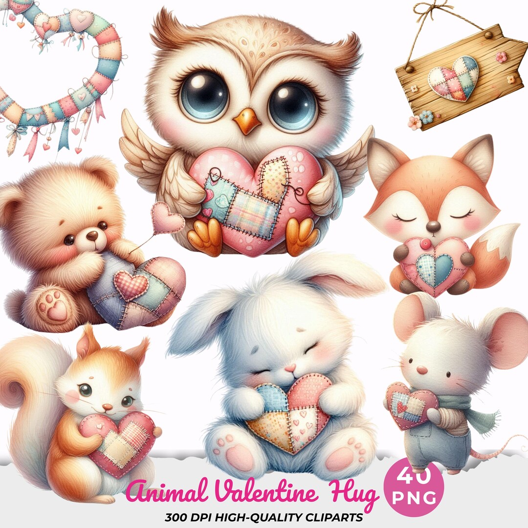 Valentine Animal Clipart: Woodland Animals Holding Patch Heart Balloons ...