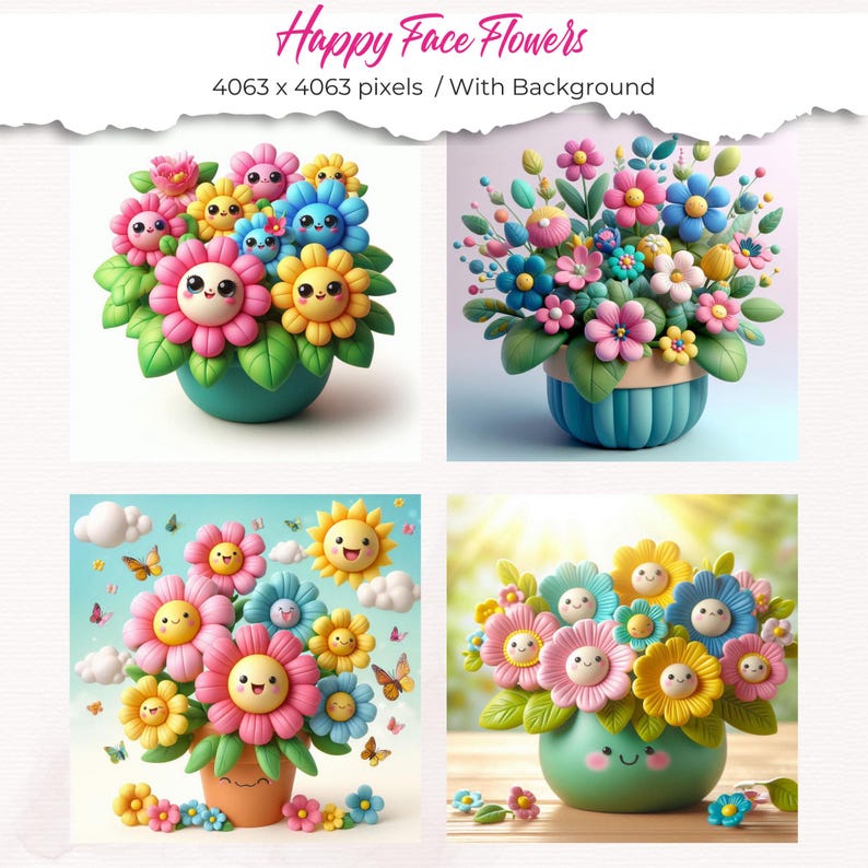Happy Face Flower Clipart PNG JPG | Kawaii Cute Floral Graphics ...