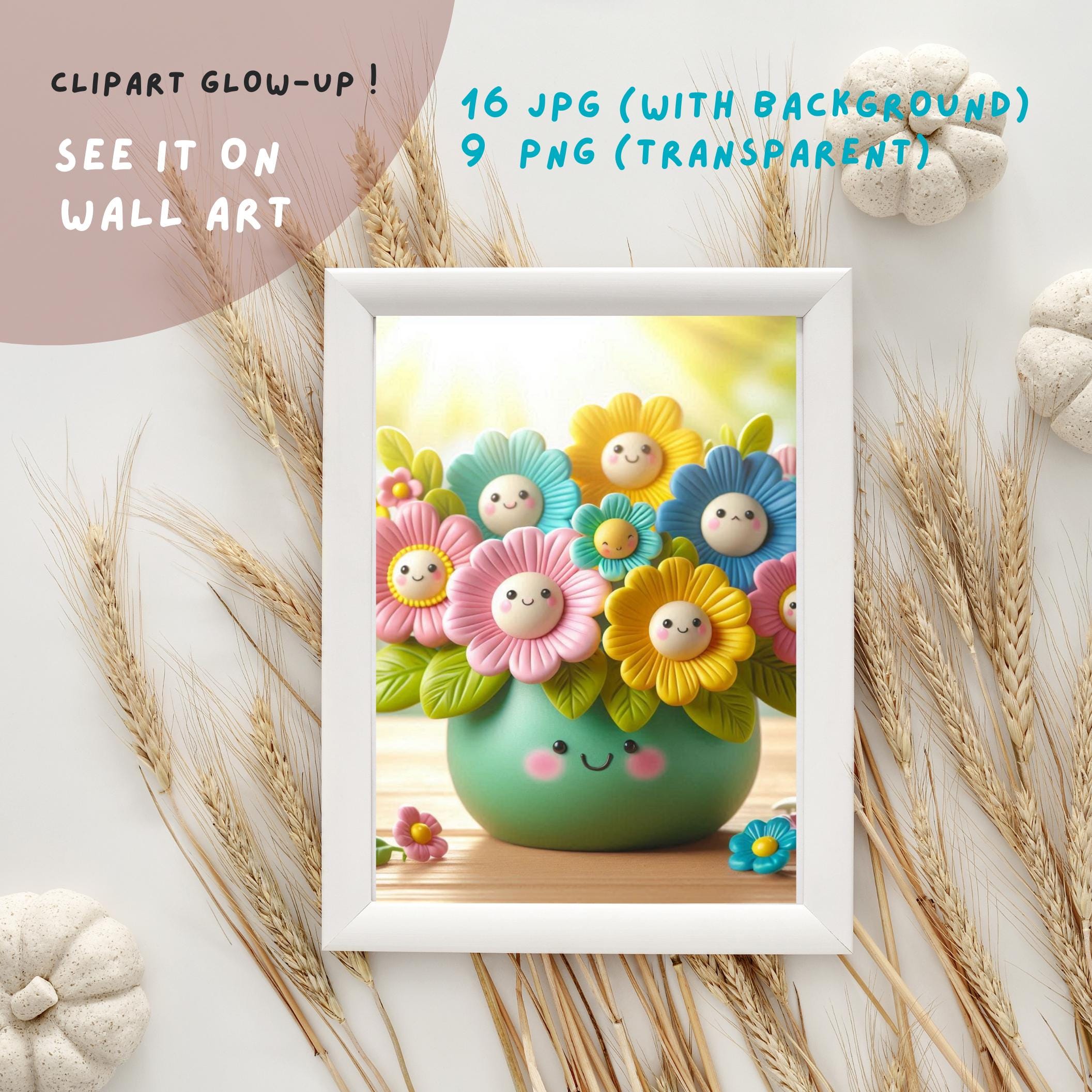 Happy Face Flower Clipart PNG JPG | Kawaii Cute Floral Graphics ...