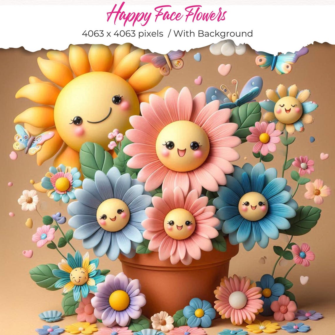 Happy Face Flower Clipart PNG JPG | Kawaii Cute Floral Graphics ...