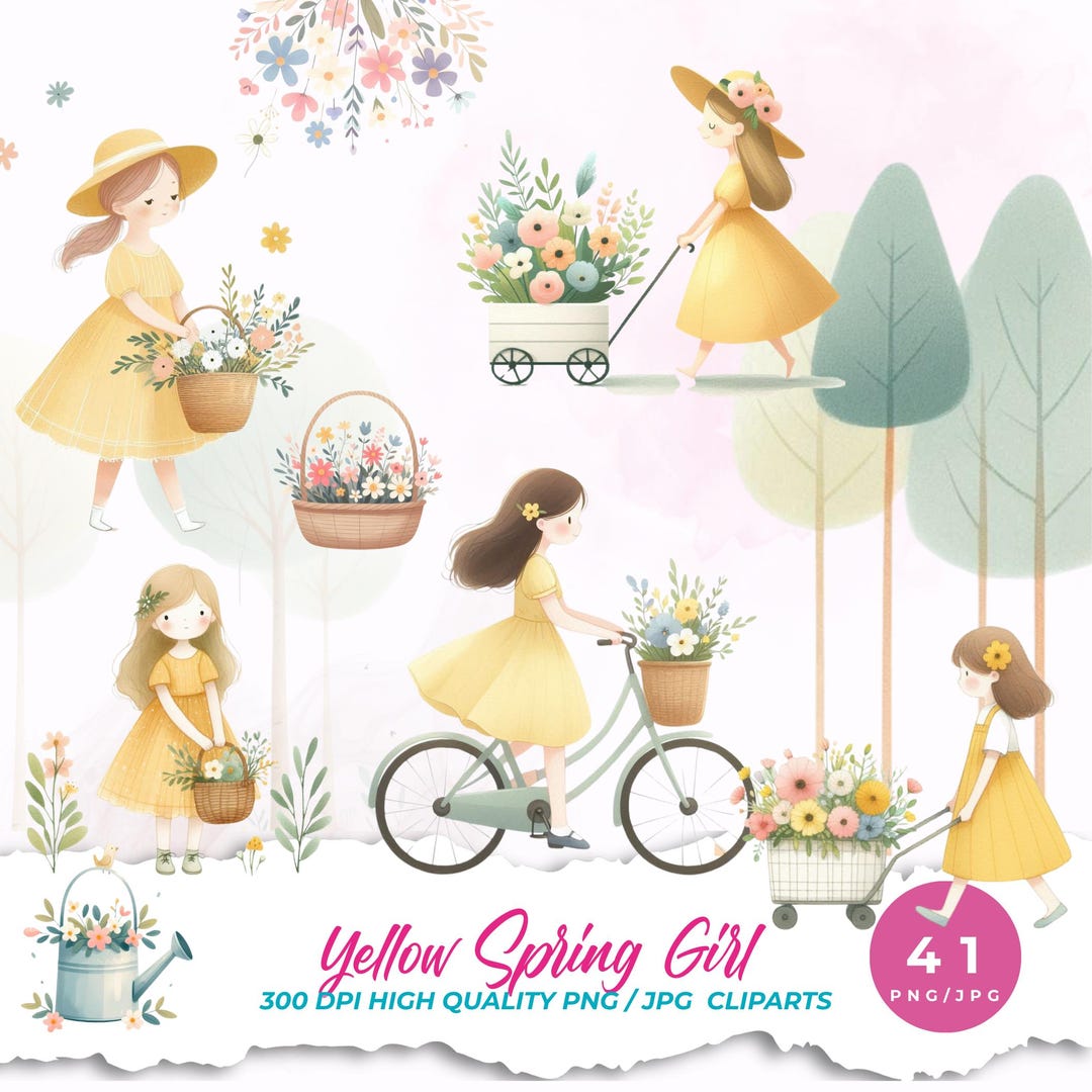 Yellow Spring Girl Clipart PNG Set | | Cute Floral Girl Graphics ...