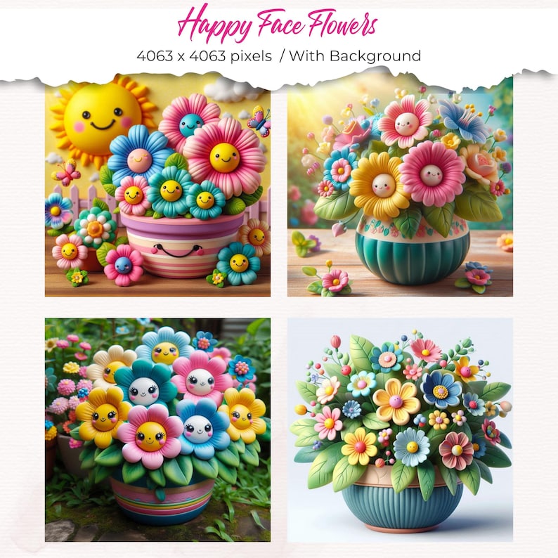 Happy Face Flower Clipart PNG JPG | Kawaii Cute Floral Graphics ...