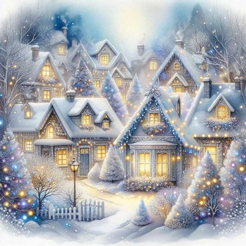 Whimsical Winter Village Clipart Bundle: Icy Blue & Silver Christmas ...