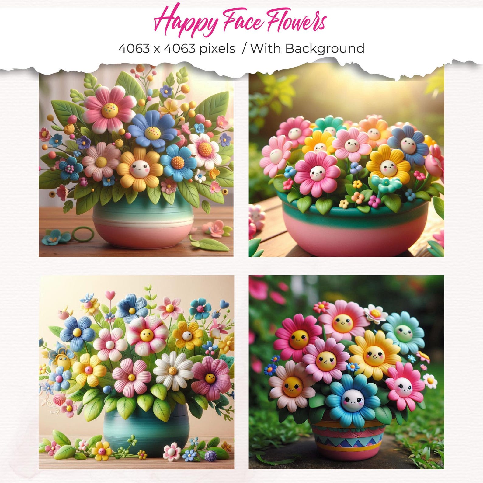 Happy Face Flower Clipart PNG JPG | Kawaii Cute Floral Graphics ...