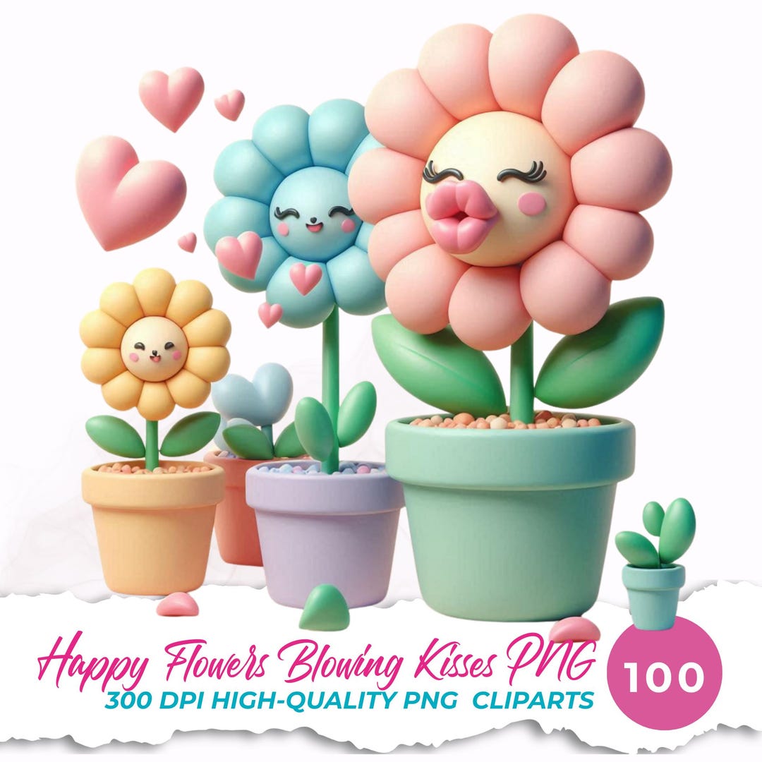 Kawaii Smiling Flower Clipart : 3D Pot Flowers, Transparent PNG ...